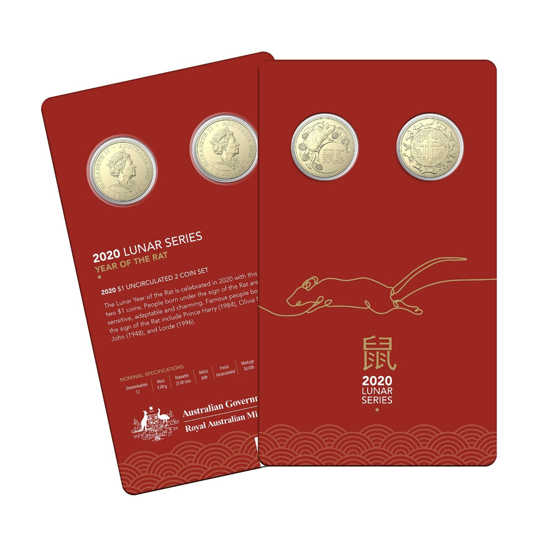 2020 2 x $1 Lunar Series – Rat uncirculated coin set | Southern Cross Coins