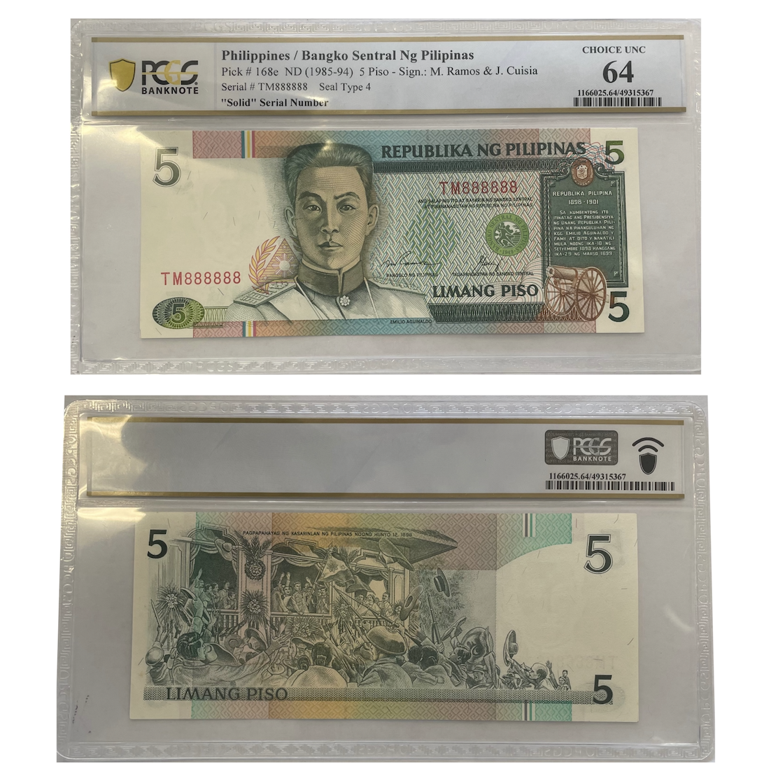 Phillipines 1985-1994 5 Piso ‘888888’ solid serial number note – PCGS ...
